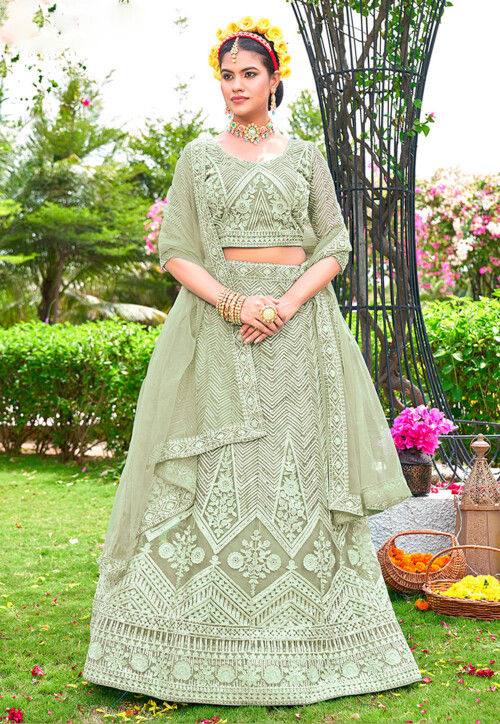 Buy Embroidered Net Lehenga in Light Green Online : LQY1852 - Utsav Fashion