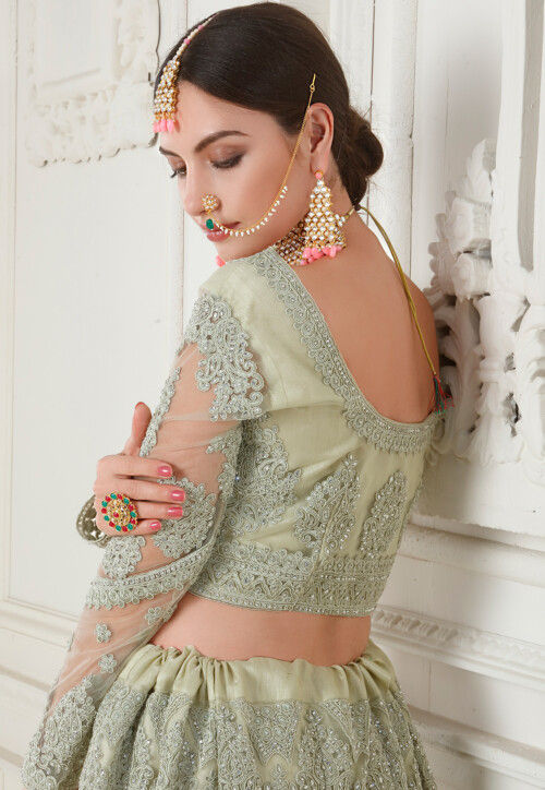 Buy Embroidered Net Lehenga in Light Green Online : LUV119 - Utsav Fashion