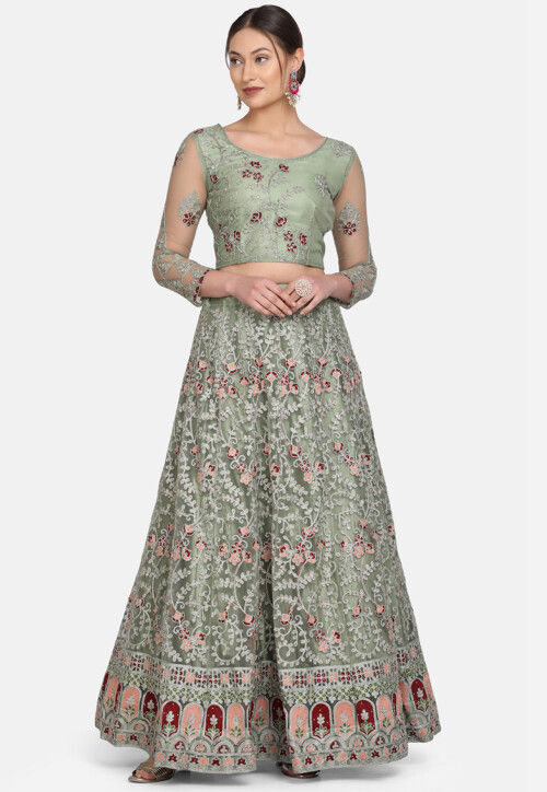 Buy Embroidered Net Lehenga in Light Olive Green Online : LJA205 ...