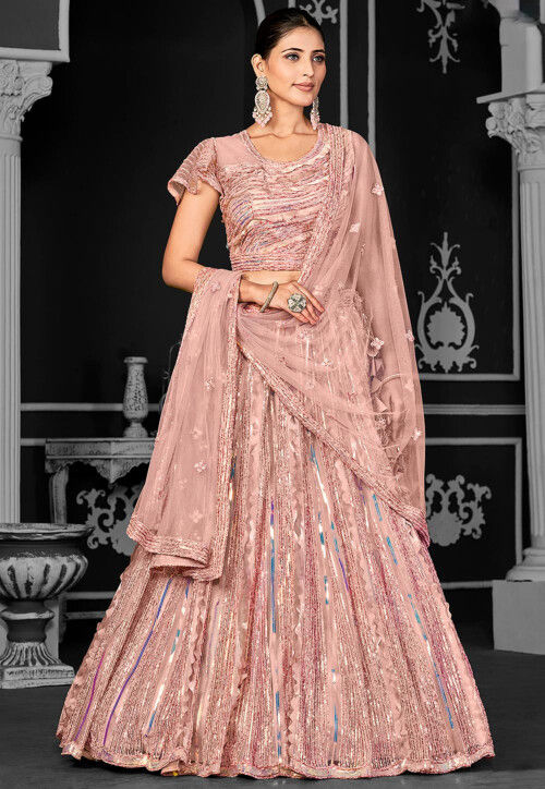 Buy Embroidered Net Lehenga in Peach Online : LAR316 - Utsav Fashion