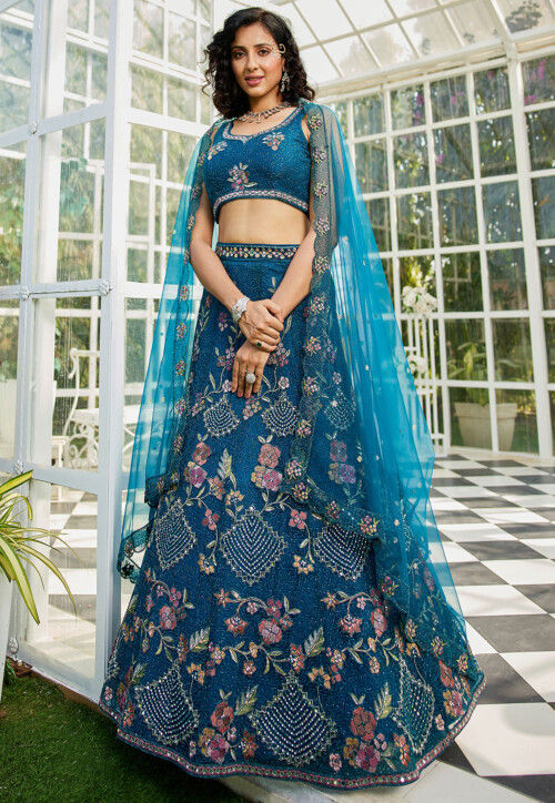Buy Embroidered Net Lehenga in Teal Blue Online : LGM429 - Utsav Fashion