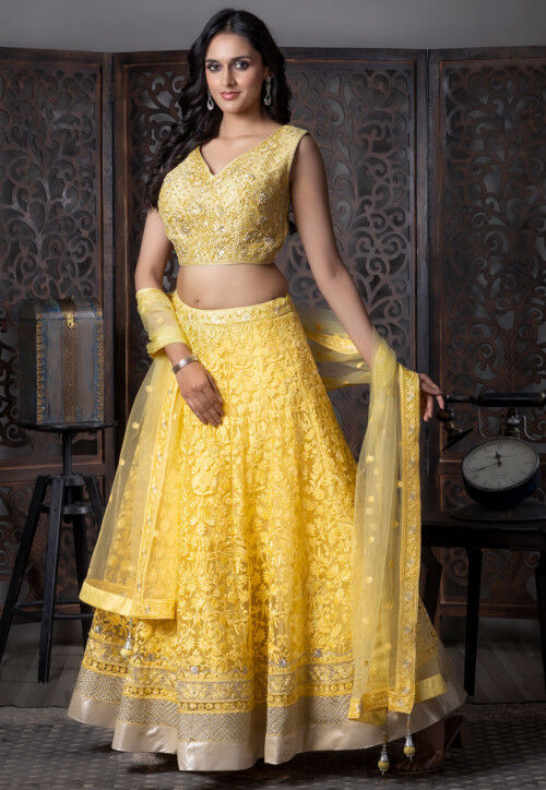 Buy Embroidered Net Lehenga in Yellow Online : LAF82 - Utsav Fashion