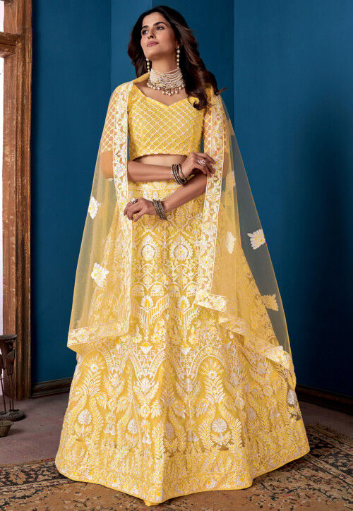 Buy Embroidered Net Lehenga Yellow Online : LQU1416 - Utsav Fashion