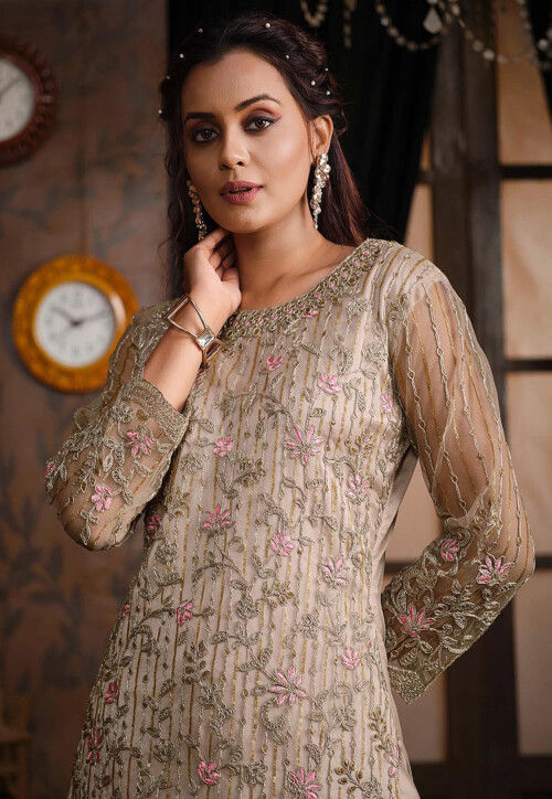 Buy Embroidered Net Pakistani Suit in Beige Online : KQW216 - Utsav Fashion