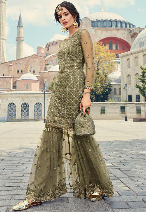 Buy Embroidered Net Pakistani Suit in Dusty Green Online : KCH4848 ...