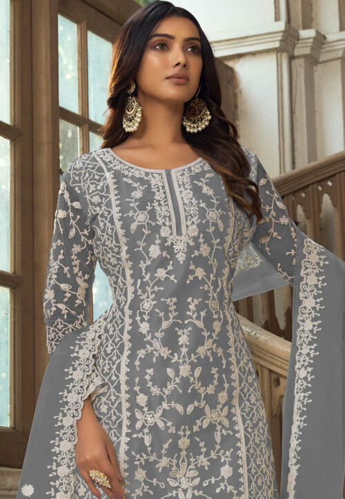 Buy Embroidered Net Pakistani Suit in Grey Online : KCH12388 - Utsav ...