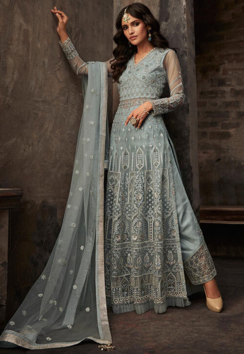 Buy Embroidered Net Pakistani Suit in Grey Online : KCH9870 - Utsav Fashion