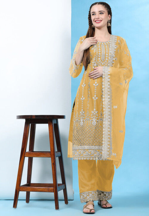 Buy Embroidered Net Pakistani Suit in Mustard Online : KRY1610 - Utsav ...