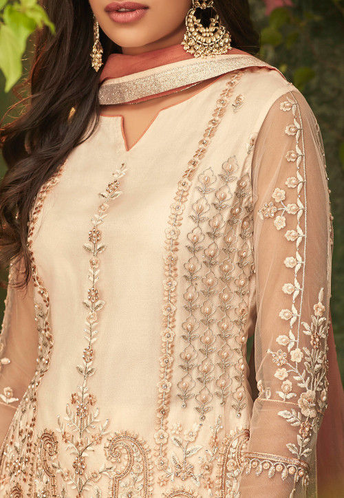 Buy Embroidered Net Pakistani Suit in Off White Online : KCH4186 ...
