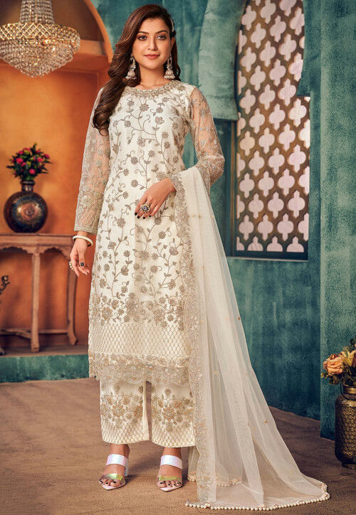Buy Embroidered Net Pakistani Suit in Off White Online : KCH8728 ...