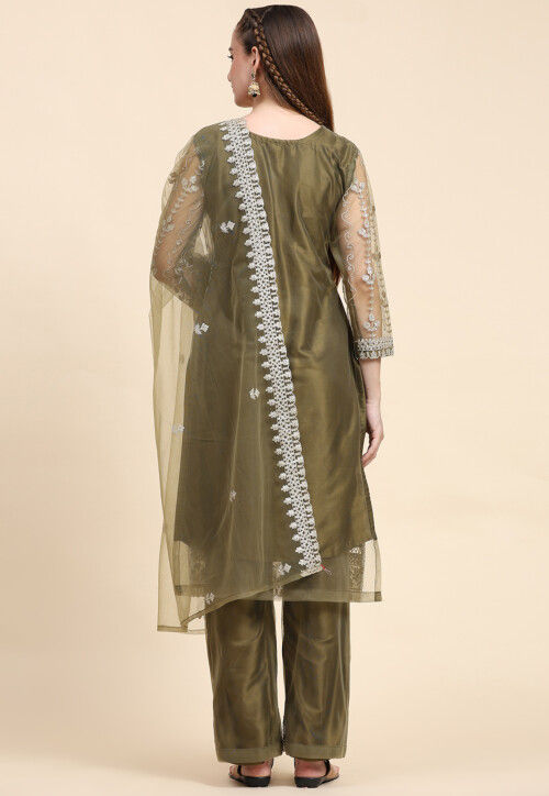 Buy Embroidered Net Pakistani Suit in Olive Green Online : KRY1614 ...