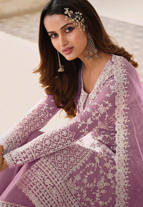 Buy Embroidered Net Pakistani Suit in Purple Online : KQW210 - Utsav ...