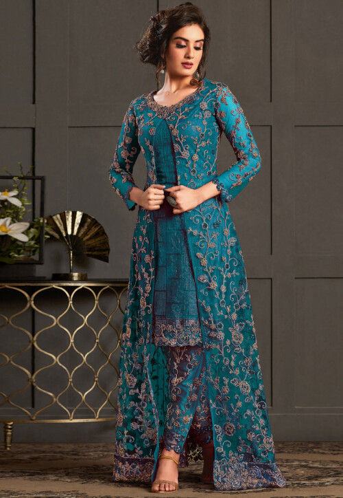 Buy Embroidered Net Pakistani Suit in Teal Blue Online : KBN1257 ...