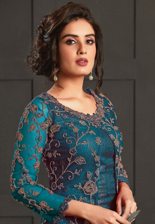 Buy Embroidered Net Pakistani Suit in Teal Blue Online : KBN1257 ...
