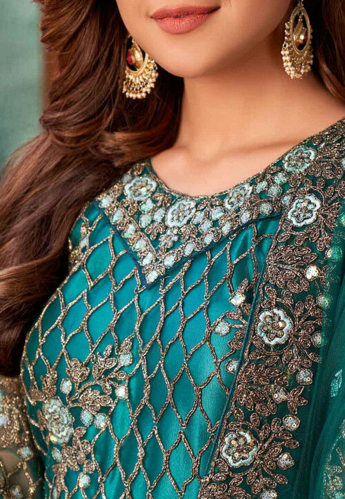Buy Embroidered Net Pakistani Suit in Teal Green Online : KCH8730 ...