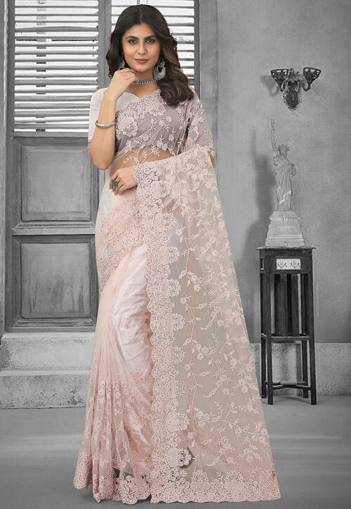 Buy Embroidered Net Saree in Beige Online : SCBA4648 - Utsav Fashion