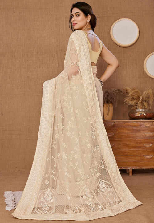 Buy Embroidered Net Saree in Beige Online : SPF11020 - Utsav Fashion