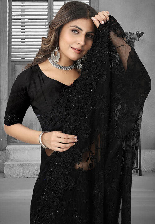 Buy Embroidered Net Saree in Black Online : SCBA4645 - Utsav Fashion