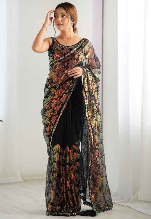 Buy Embroidered Net Saree in Black Online : SPF13203 - Utsav Fashion