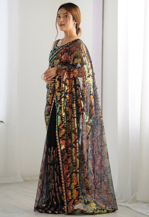Buy Embroidered Net Saree in Black Online : SPF13203 - Utsav Fashion