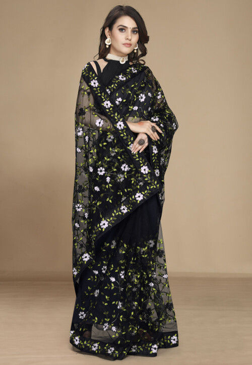 Buy Embroidered Net Saree in Black Online : SPF15049 - Utsav Fashion