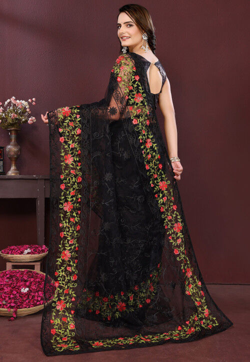 Buy Embroidered Net Saree in Black Online : SPF16009 - Utsav Fashion