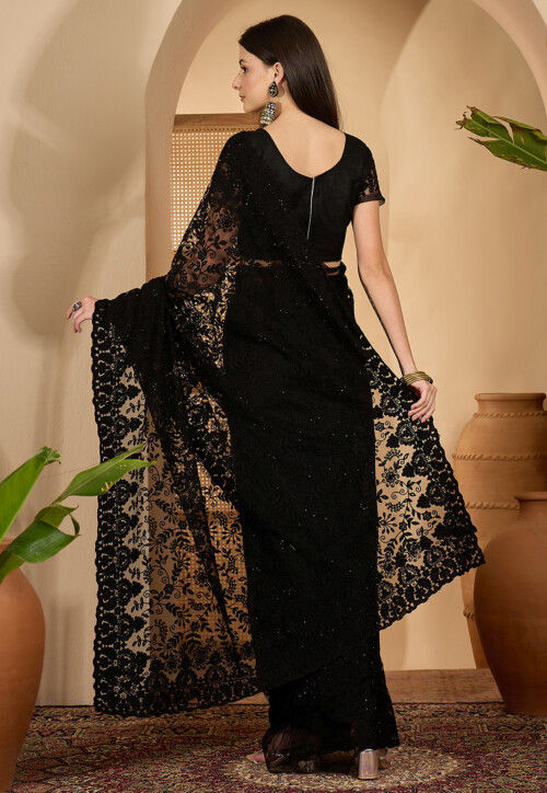 Buy Embroidered Net Saree in Black Online : SSKT1101 - Utsav Fashion