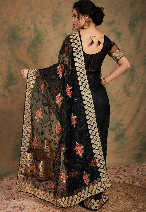 Buy Embroidered Net Saree in Black Online : SSKT607 - Utsav Fashion