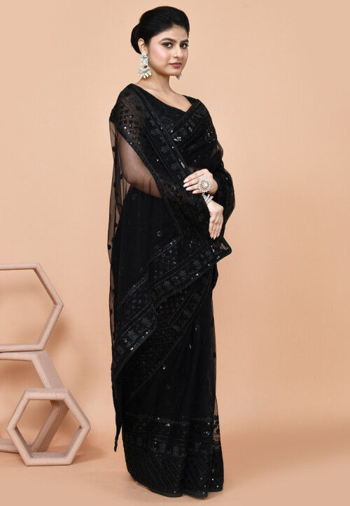 Buy Embroidered Net Saree in Black Online : SUF10739 - Utsav Fashion