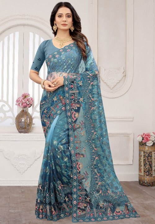 Buy Embroidered Net Saree in Blue Online : SCBA4463 - Utsav Fashion