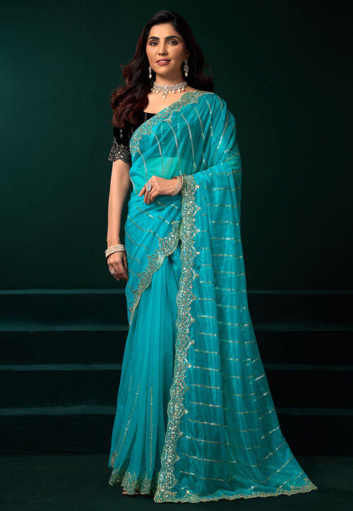 Buy Embroidered Net Saree in Blue Online : SEJ2044 - Utsav Fashion