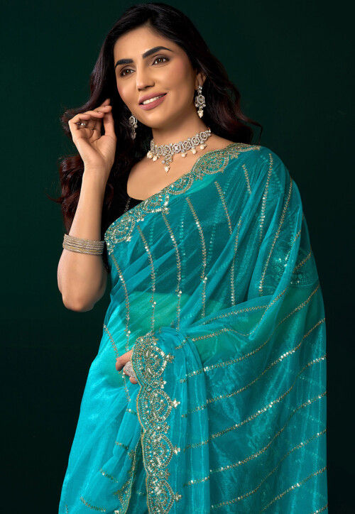 Buy Embroidered Net Saree in Blue Online : SEJ2044 - Utsav Fashion