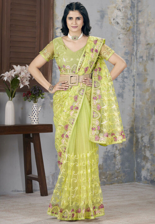 Buy Embroidered Net Saree in Green Online : SPF13440 - Utsav Fashion