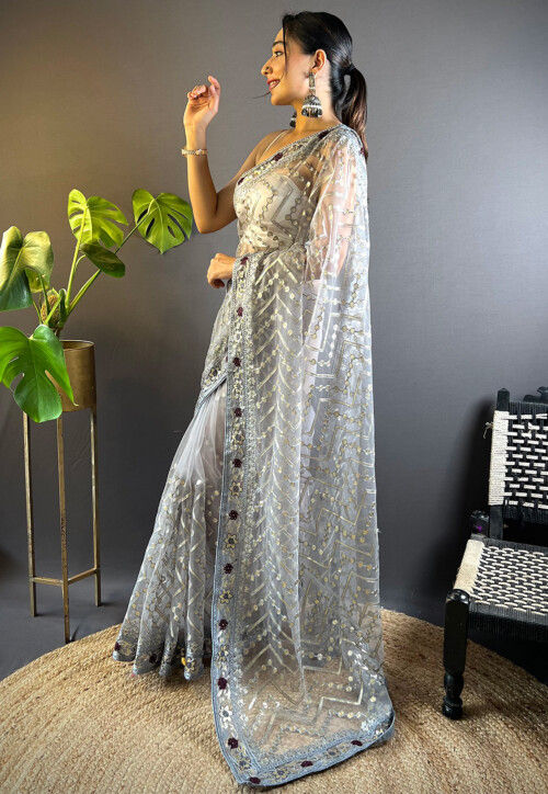 Buy Embroidered Net Saree in Grey Online : SPF13134 - Utsav Fashion
