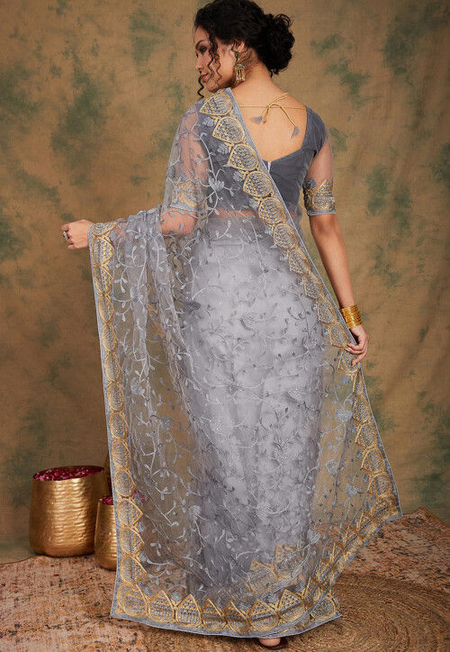 Buy Embroidered Net Saree in Grey Online : SSKT651 - Utsav Fashion