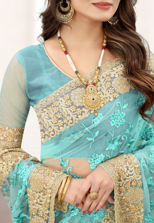 Buy Embroidered Net Saree in Light Blue Online : SCBA3204 - Utsav Fashion