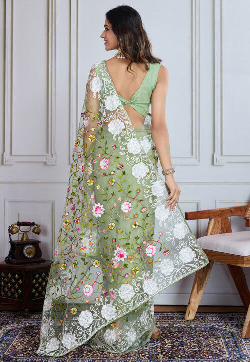 Buy Embroidered Net Saree in Light Green Online : SPF14047 - Utsav Fashion