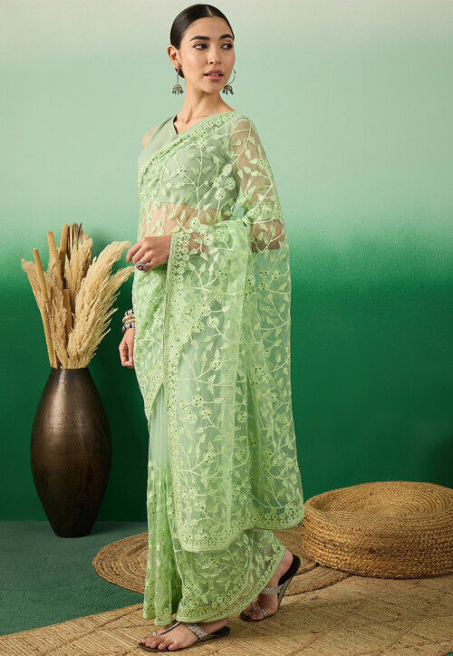 Buy Embroidered Net Saree in Light Green Online : SUY134 - Utsav Fashion