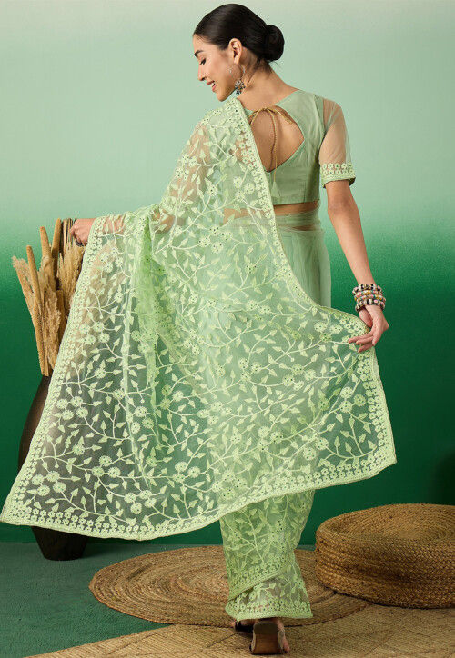 Buy Embroidered Net Saree in Light Green Online : SUY134 - Utsav Fashion