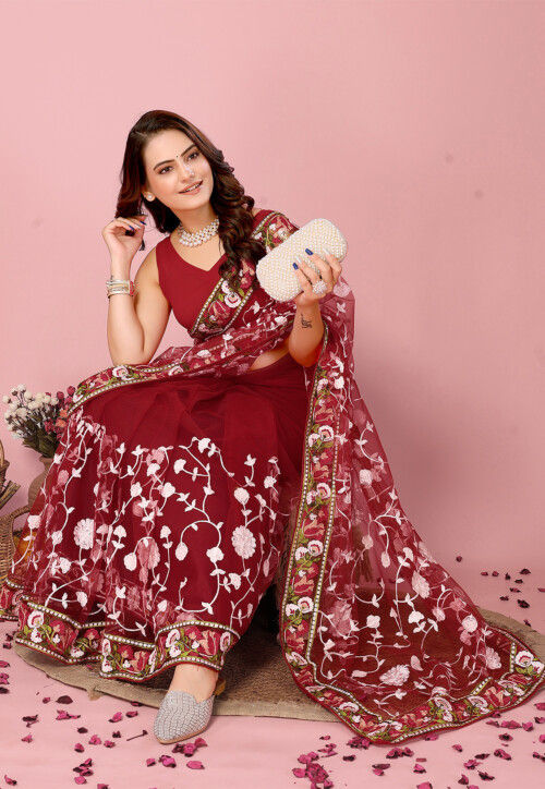 Buy Embroidered Net Saree in Maroon Online : SPF11523 - Utsav Fashion