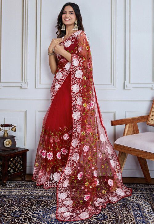 Buy Embroidered Net Saree in Maroon Online : SPF14051 - Utsav Fashion