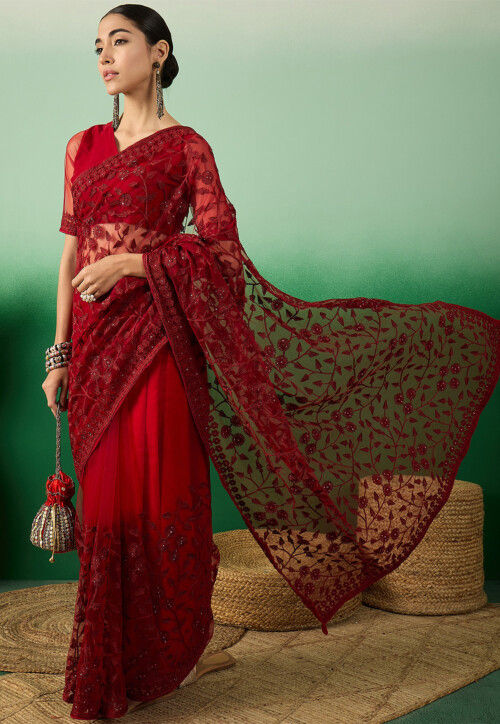 Buy Embroidered Net Saree in Maroon Online : SUY139 - Utsav Fashion