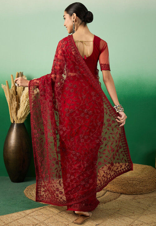Buy Embroidered Net Saree in Maroon Online : SUY139 - Utsav Fashion