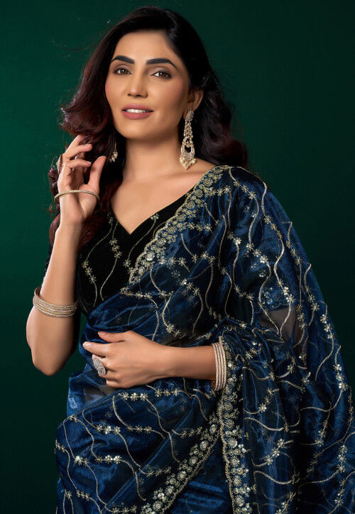 Buy Embroidered Net Saree in Navy Blue Online : SEJ2040 - Utsav Fashion