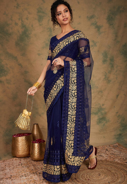 Buy Embroidered Net Saree in Navy Blue Online : SSKT606 - Utsav Fashion