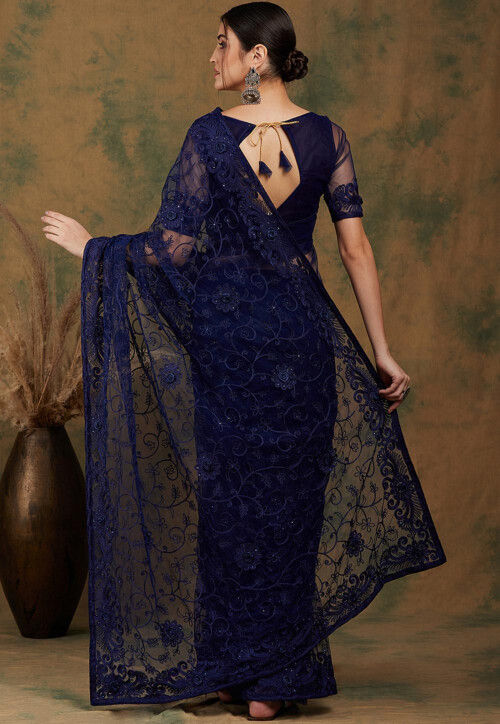 Buy Embroidered Net Saree in Navy Blue Online : SSKT612 - Utsav Fashion