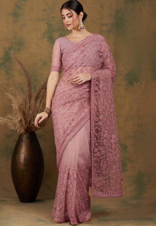Buy Embroidered Net Saree in Old Rose Online : SUY68 - Utsav Fashion