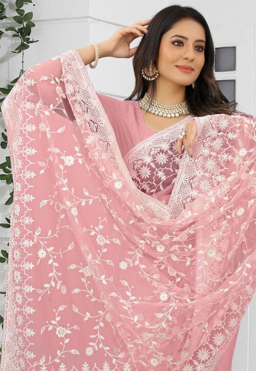 Buy Embroidered Net Saree in Pink Online : SCBA3792 - Utsav Fashion