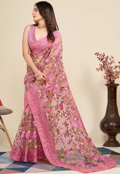 Buy Embroidered Net Saree in Pink Online : SPTA12842 - Utsav Fashion