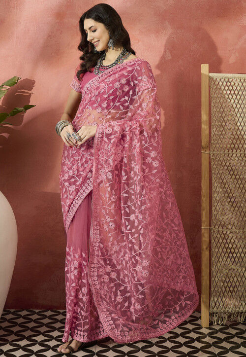Buy Embroidered Net Saree in Pink Online : SSKT954 - Utsav Fashion